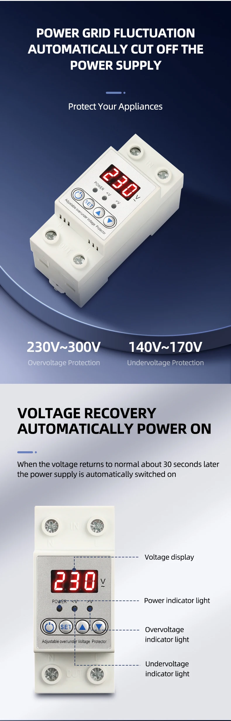 Single Phase 40a 63a 230v Din Rail Adjustable Over Voltage And Under ...