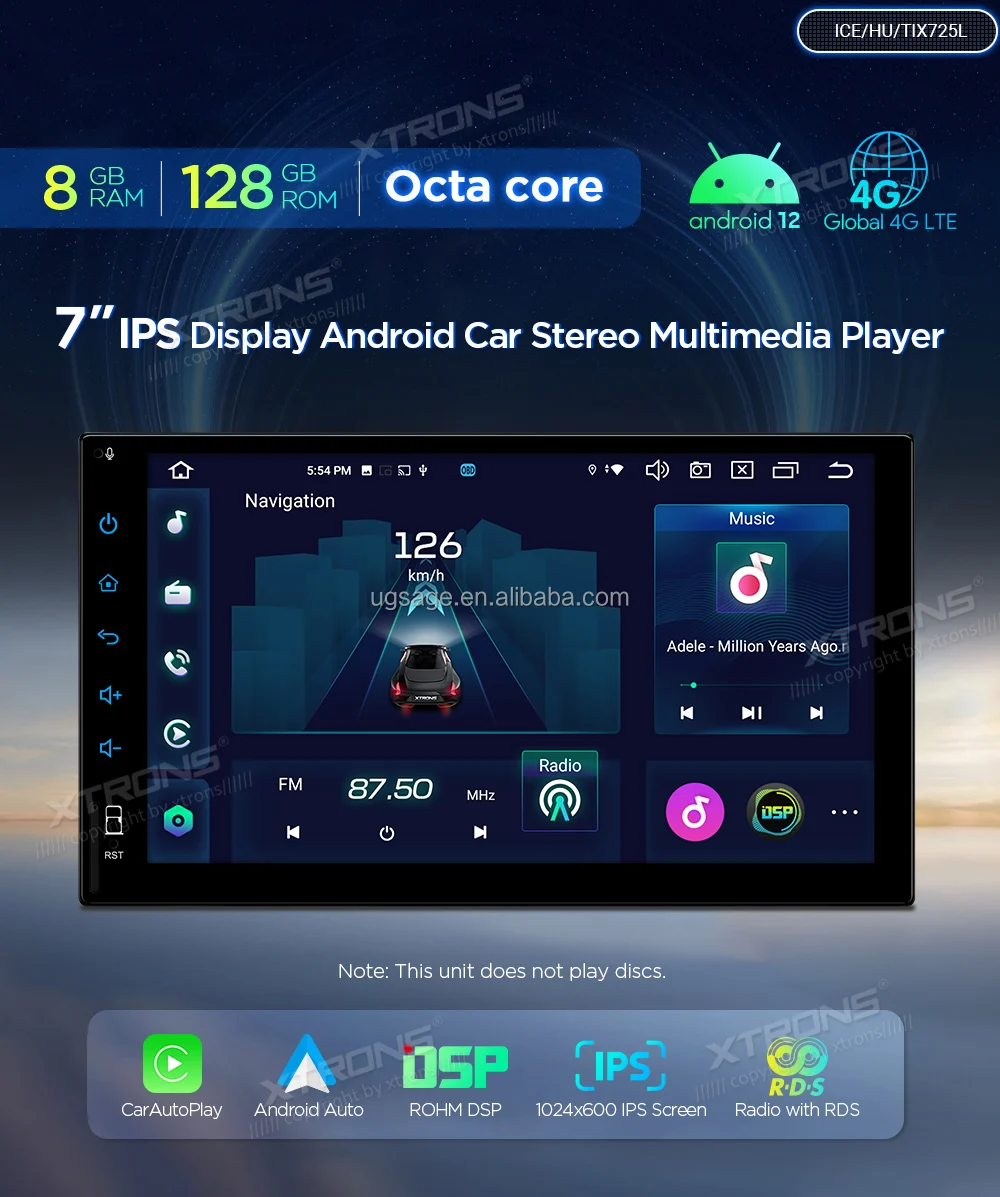 Xtrons 7" 2 Din Autoradio Android 12 Octa Core 8+128gb Wireless Carplay ...