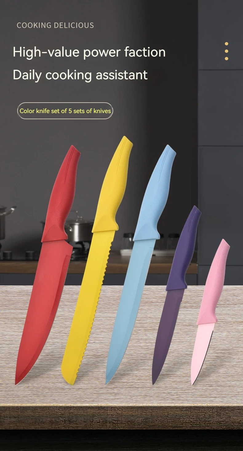Custom Professional Stainless Steel Kitchen Knife Set Colorful Nonstick ...