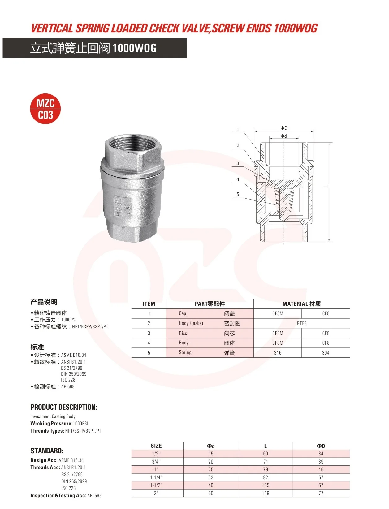 Vertical Spring Loaded Check Valve Female Threads 200psi 304 Stainless ...