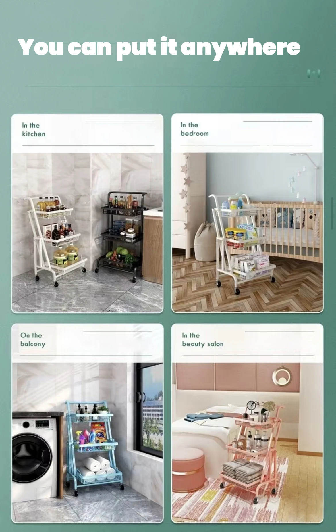 Trolley Organizer With Utility Handle Oblique 3-tier Storage Rolling ...