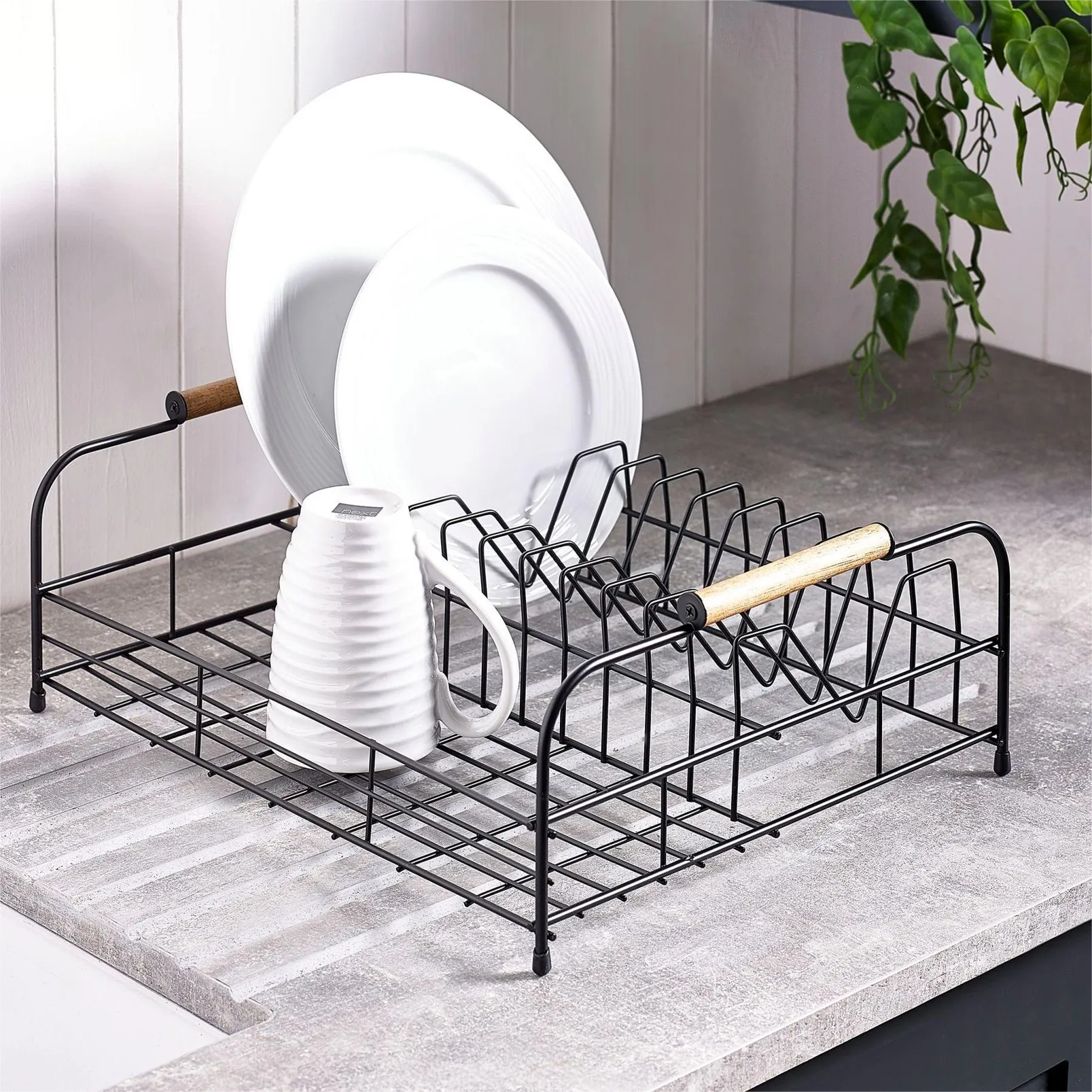 Kitchen Organizer Countertop Metal Wire Wood Handle Plate Dish Rack ...
