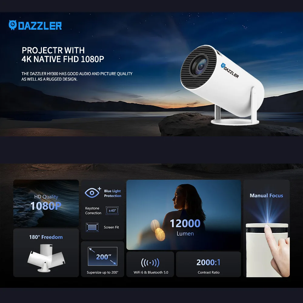 Dazzler HY300 Pro 4k Projector Mini Smart Home 1G/8G Android 11.0 Interactive Projectors ...