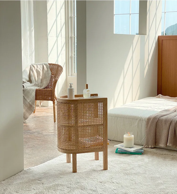Japanese Style Solid Wood Rattan Bedside Table and Side Cabinet Locker
