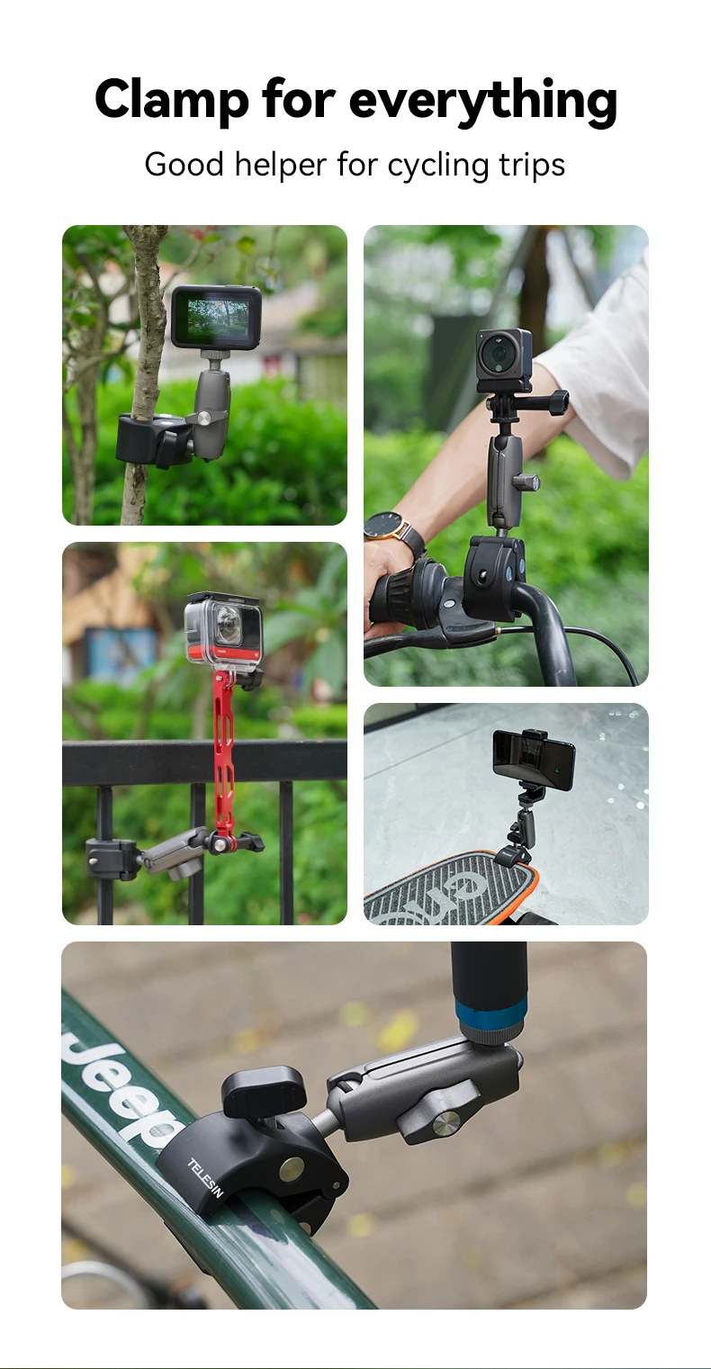 Telesin Super Clamp Bicycle Clip Camera Mount Motorcycle Handlebar ...