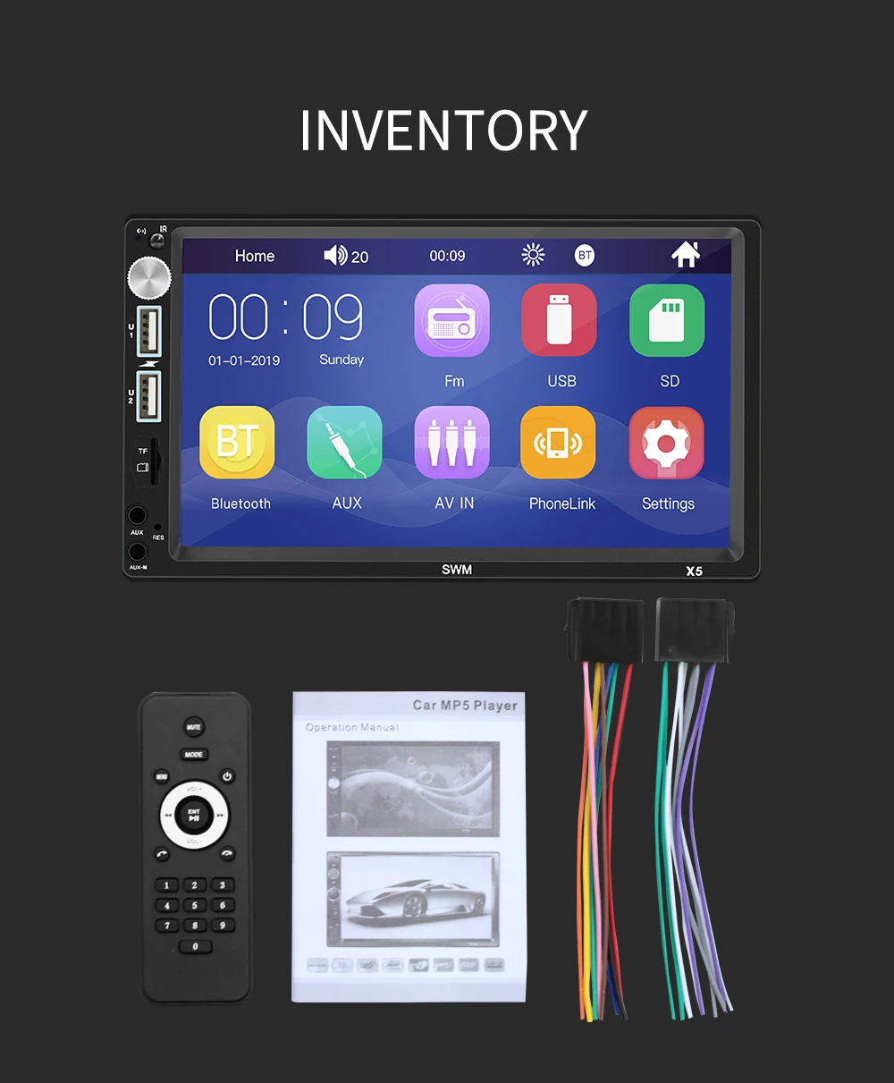 7 Inch Double Din Touch Screen Car Radio Mirror Link Bt Usb Sd Steering ...