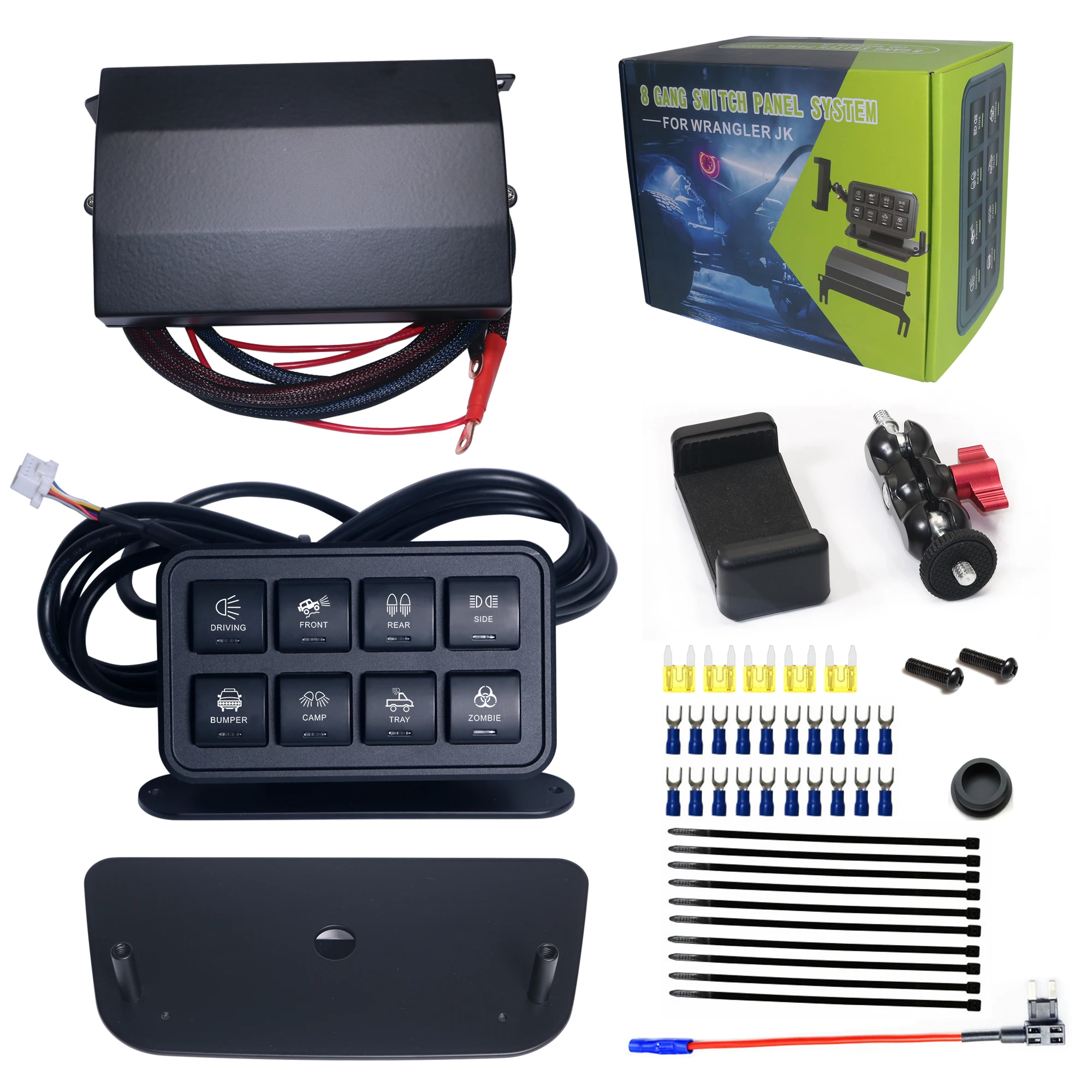 Black 8 Gang Switch Panel for Jeep Wrangler JK JKU 2007-2018