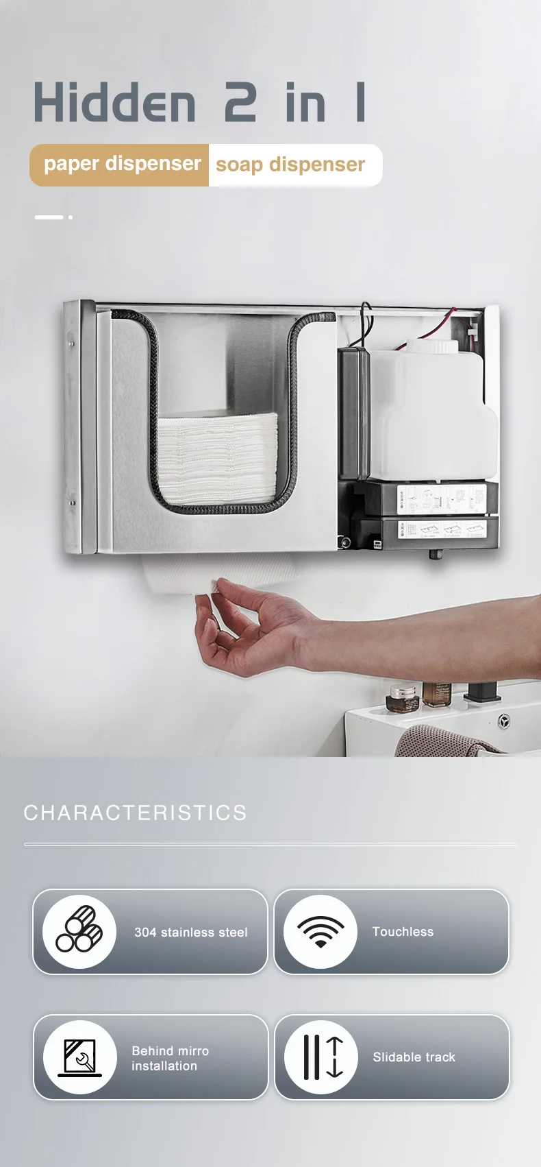 304 Stainless Steel Cabinet with Hidden Mirror & Soap Dispensers