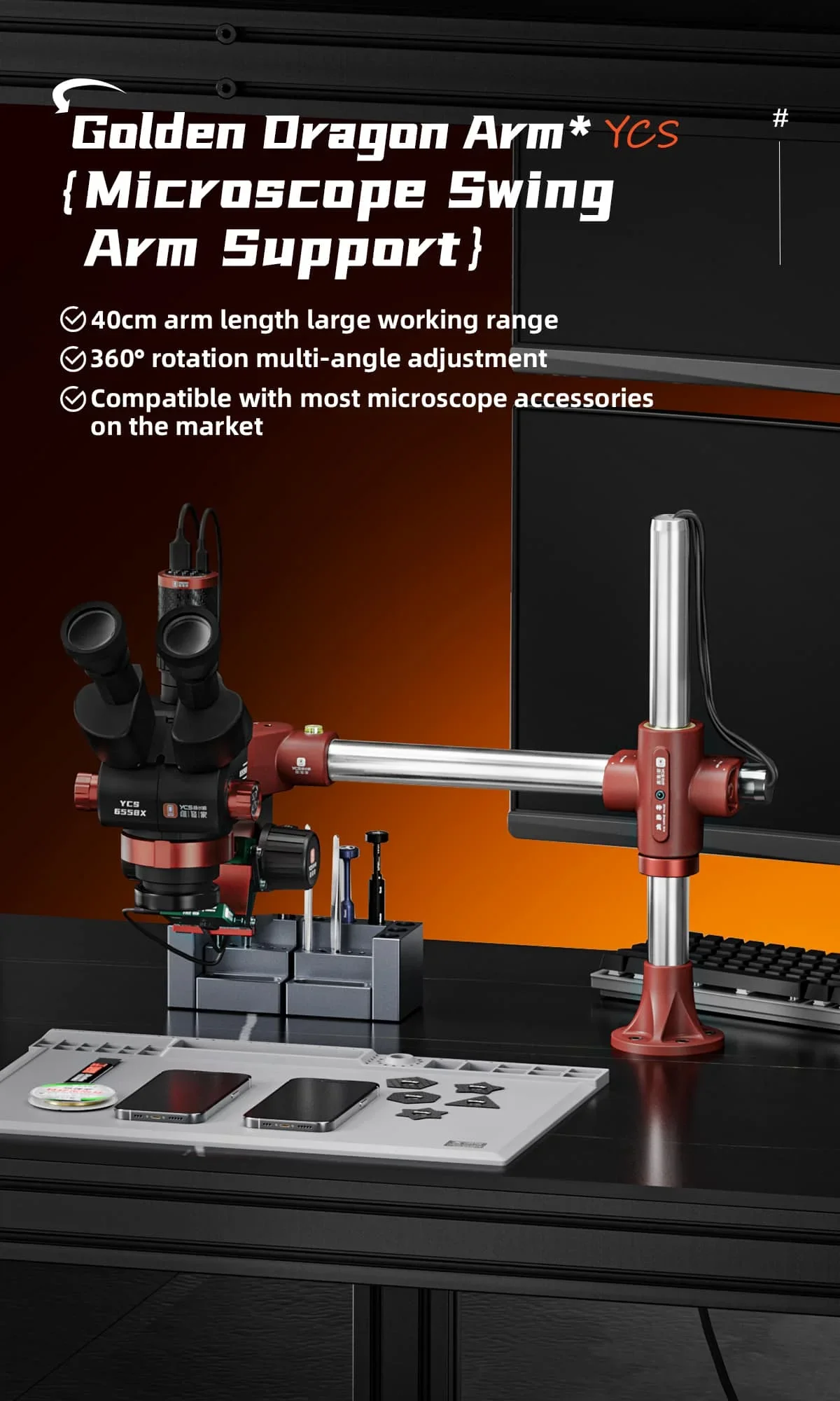 YCS Golden Dragon 40CM Microscope Swing Arm Clamp Bracket