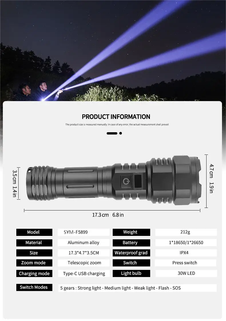1000 Meters Long Range Flashlight 30W White LED Zoom Focus LED Torch ...