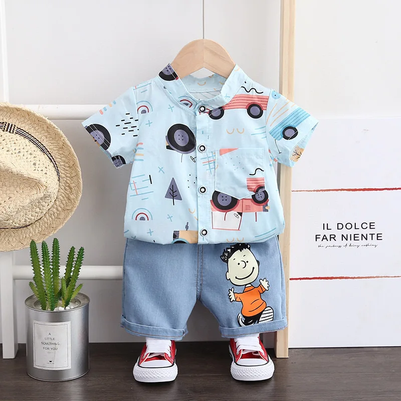 Boys Cartoon Short-sleeved Suit Summer Cotton Shirt Short Jeans Two ...
