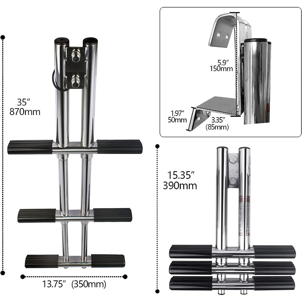 3 Step Pontoon Ladder Foldable Stainless Steel Marine Rear Entry ...