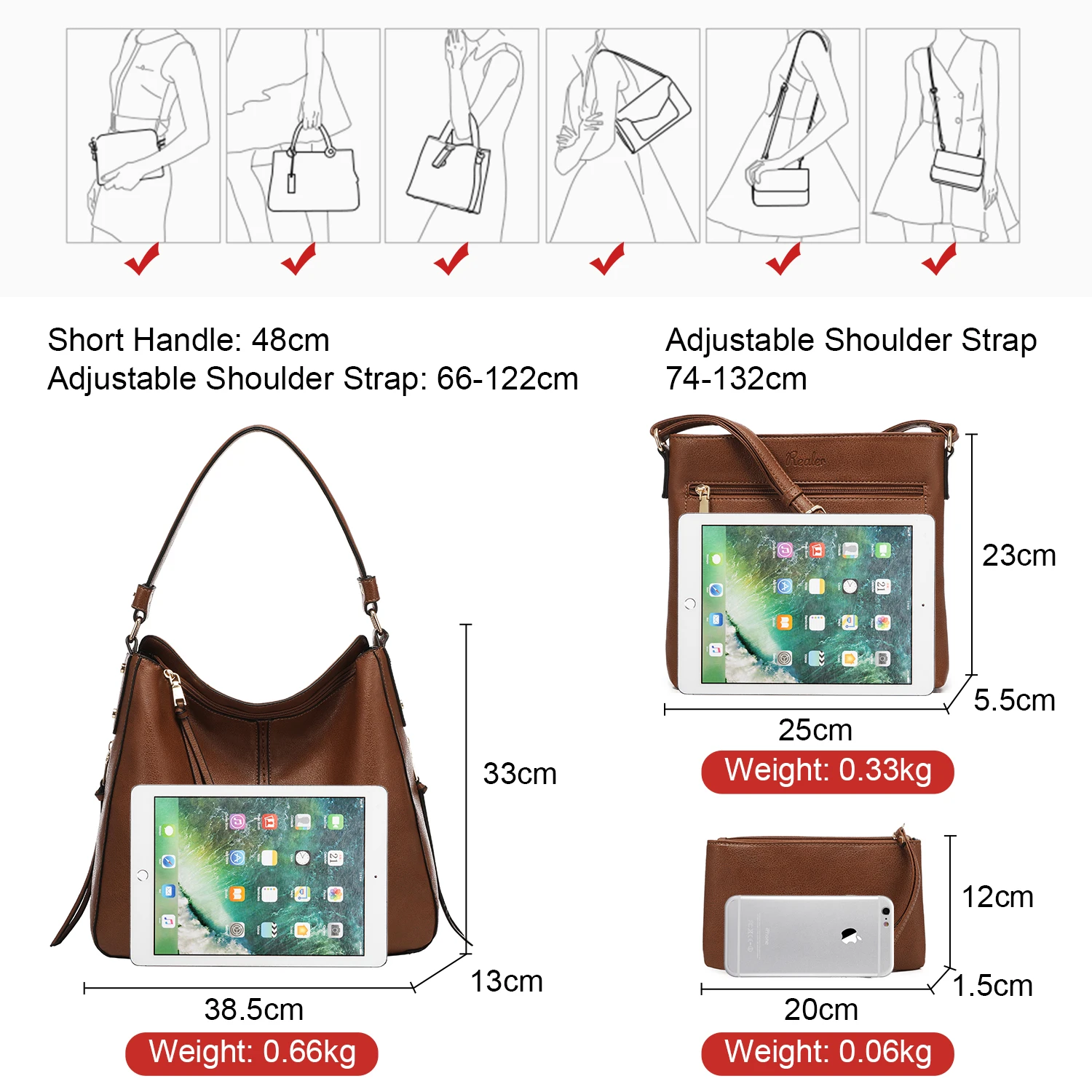 REALER Brand Vintage Leather Crossbody Handbags - 3 PCS Set