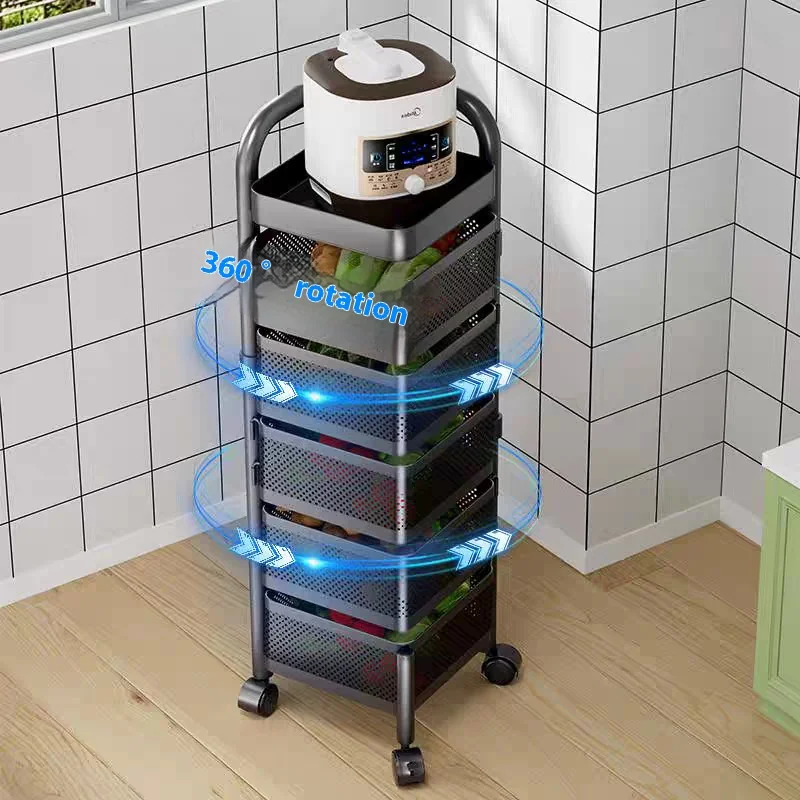Metal Trolley Cart with Multilayer Rotating Vegetable Baskets