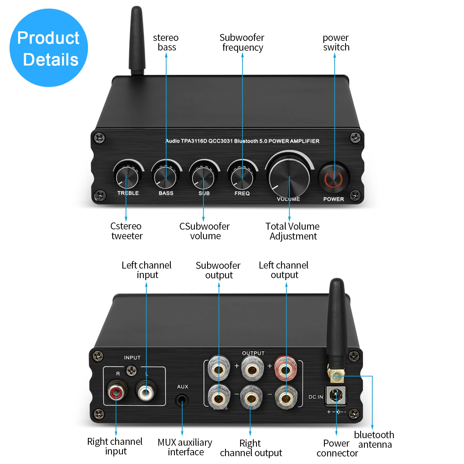 3 Channel Mini Power Amplifier - 50WX2 & 100W Hifi Stereo