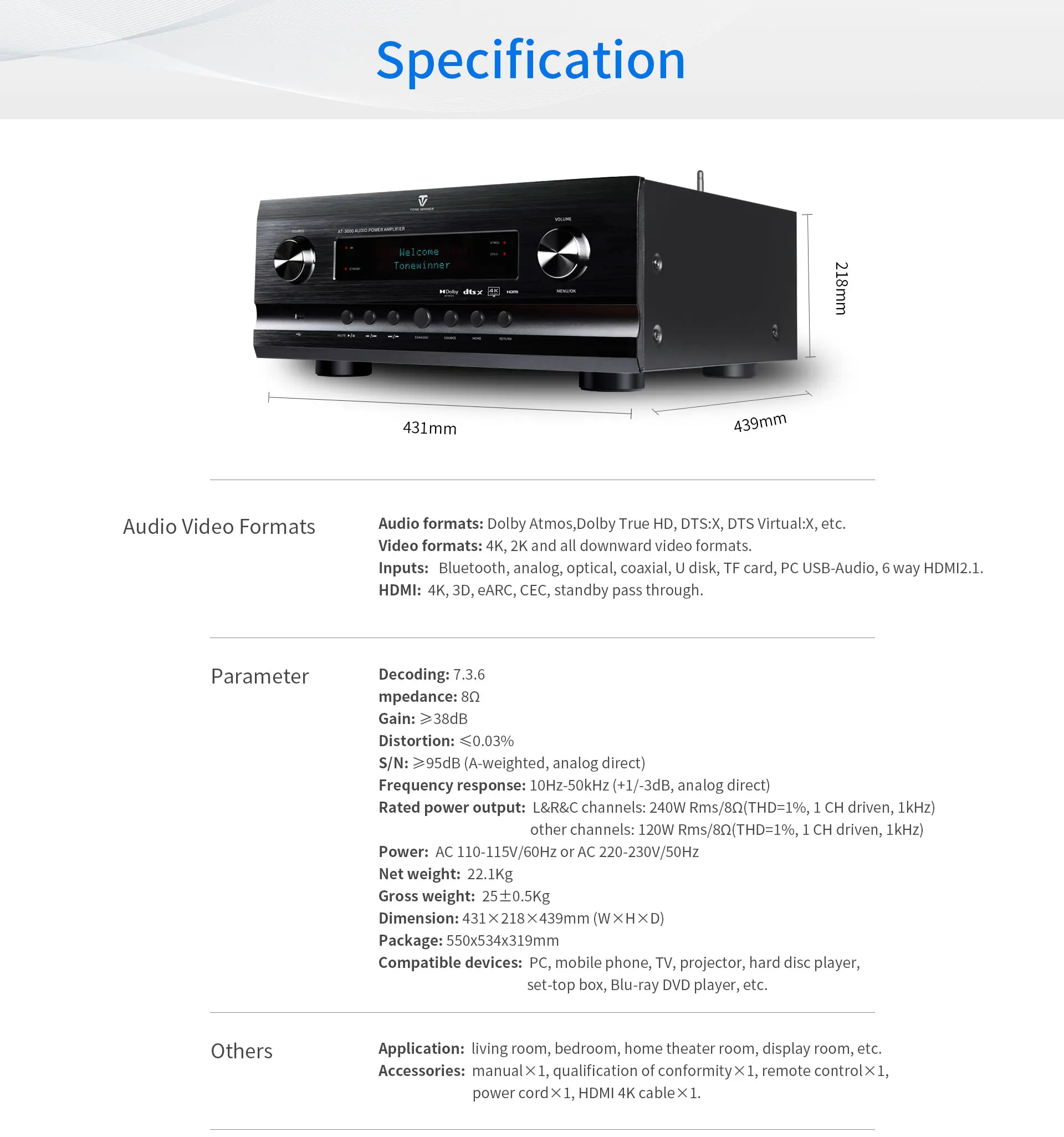 Tonewinner AT-3000 Dolby Class D Power Amplifier for Home Theater ...