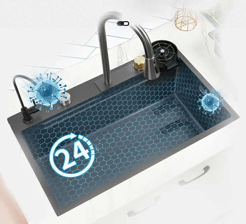 Double Smart Stainless Steel Double Sink & Faucet Black Waterfall ...