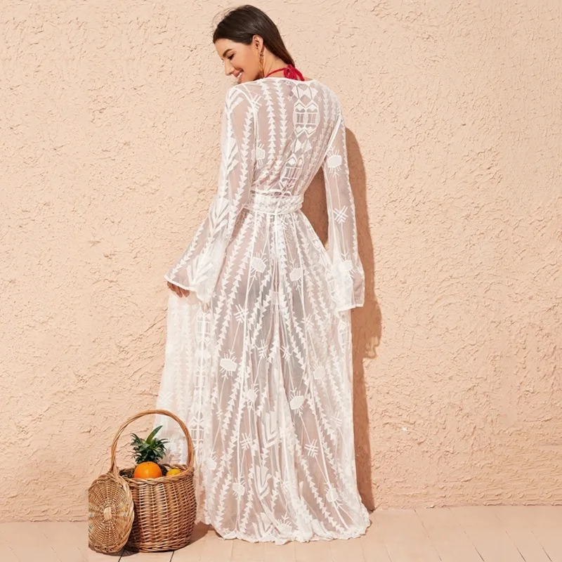 Sheer Lace Robe Beachwear Bikini Cover Up Women Transparent Beach Dress ...