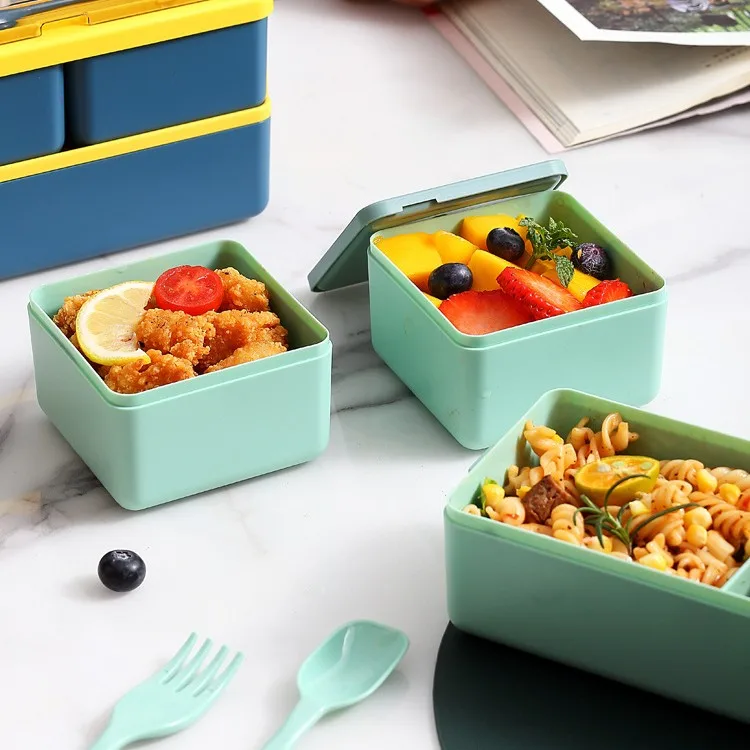 Portable 1400ml Plastic Food Container 2 Layers Lunch Box With Cutlery ...