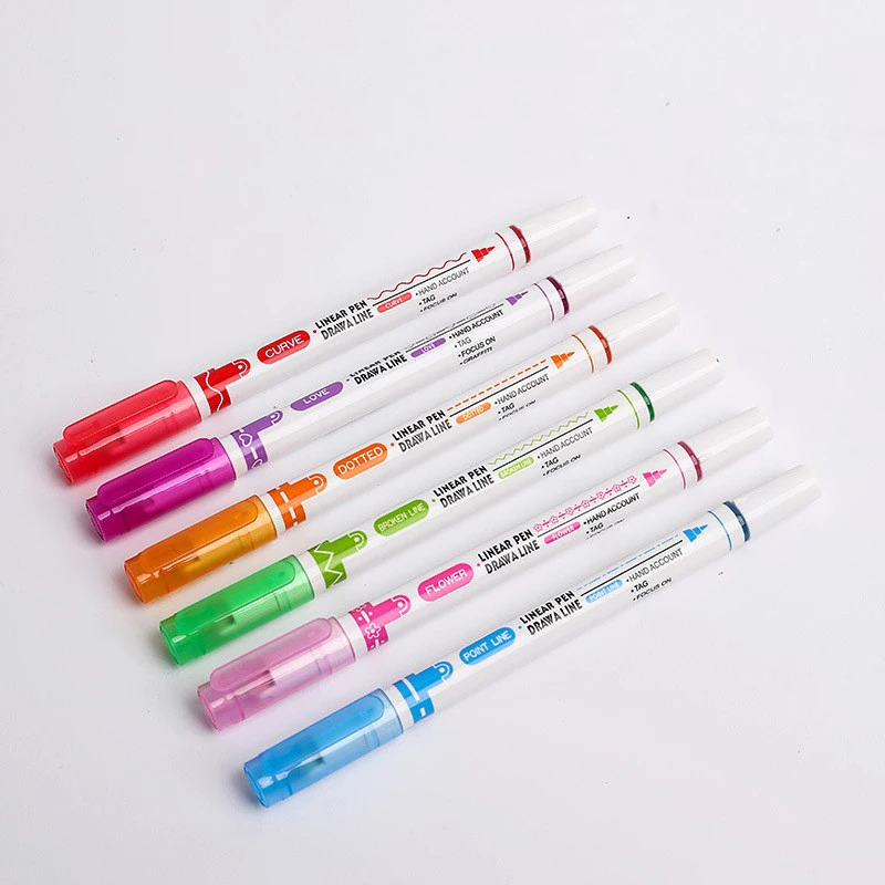 Dual Tip 6 Pcs Highlighter Pens - Different Curve Shapes