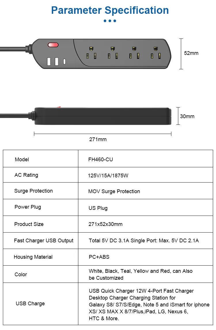Vastfafa Us Standard Extension Socket Fireproof 4ac Outlets Plug Strip ...