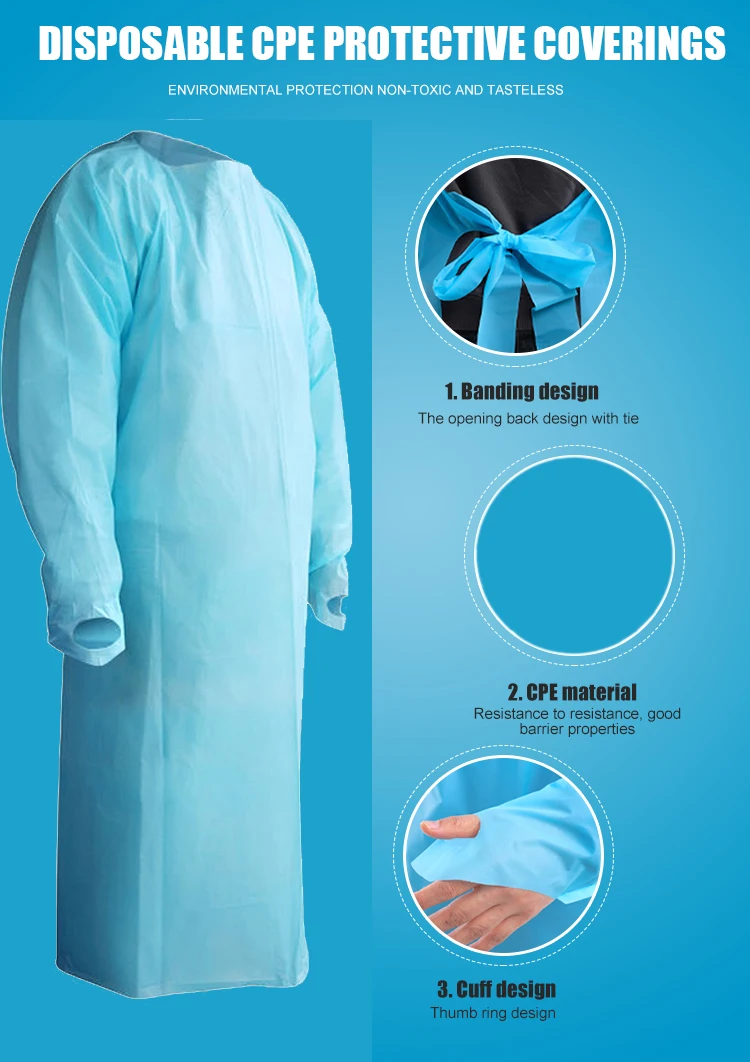 Waterproof Disposable Cpe Isolation Gown Chlorinated Polyethylene Gowns ...