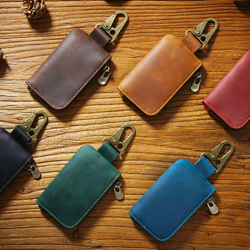 Genuine Leather Vintage Keychain Zip Holder Pouch, Cowhide Organizer ...