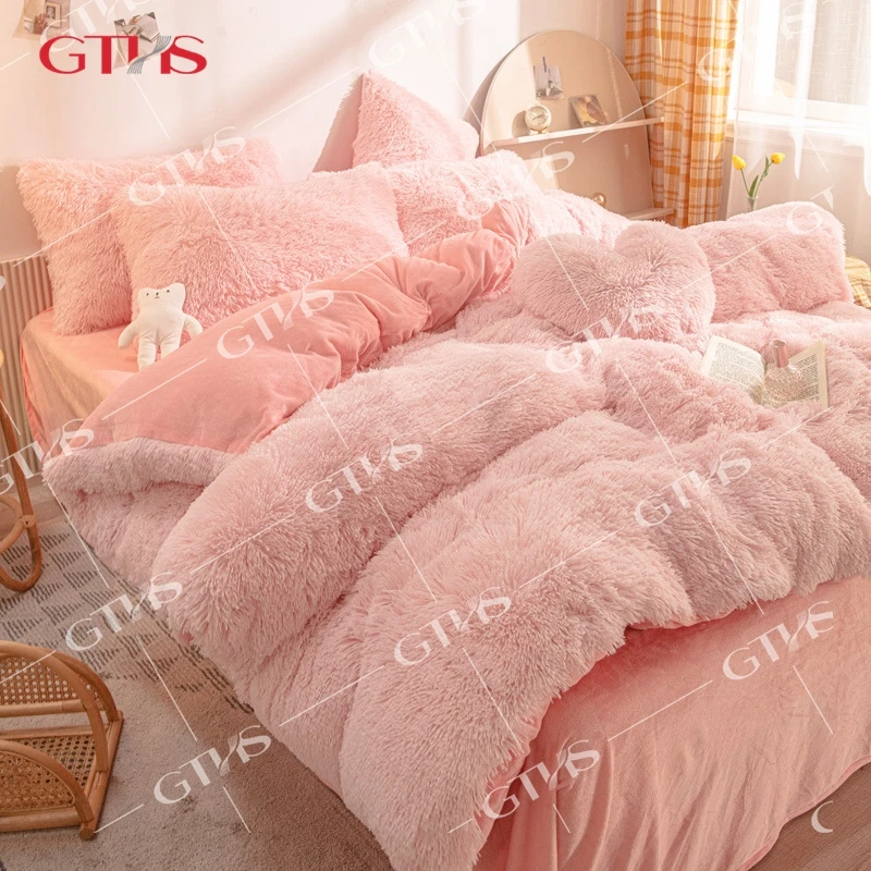 Long Plush Fluffy Faux Fur Shaggy Duvet Cover Flat Bed Sheet Pillowcase ...