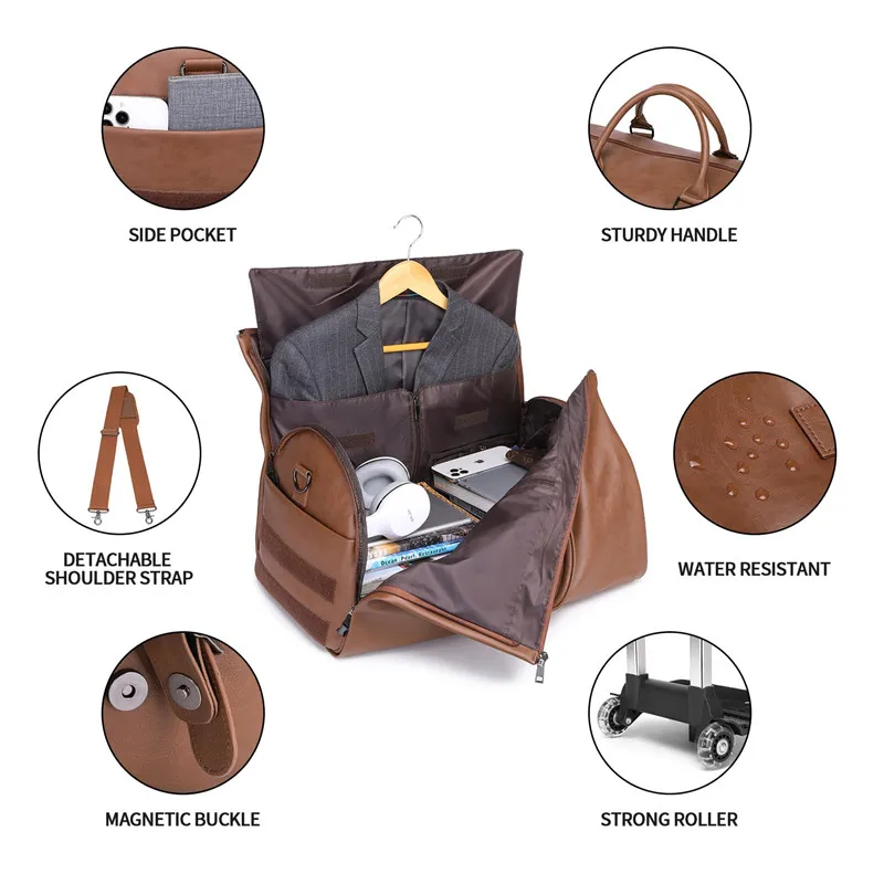 Pu Leather Rolling Duffle Bag With Wheels Rolling Garment Bags For ...
