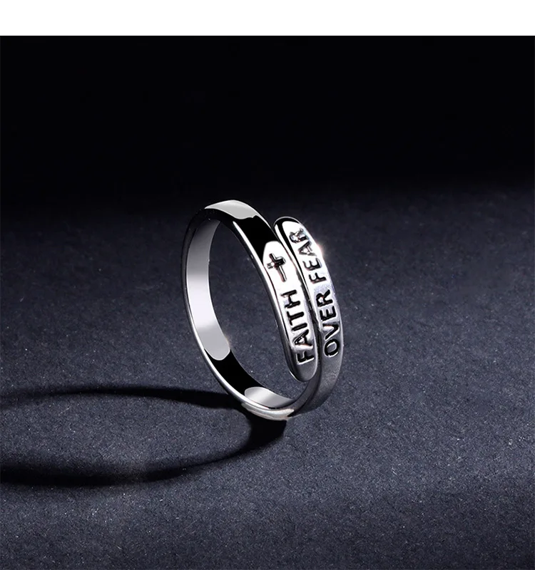 Adjustable Cross Letter Ring Faith Over Fear Ring Silver Inspirational ...