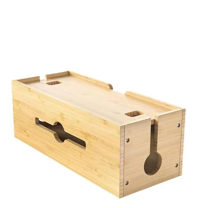 Bamboo Wooden Power Strip & Charging Cable Storage Box Electric Wires ...