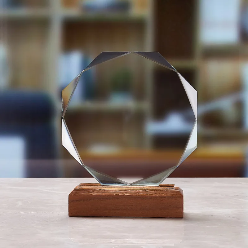 Blank Octagon Plaque Crystal Trophy Award with Wooden Base