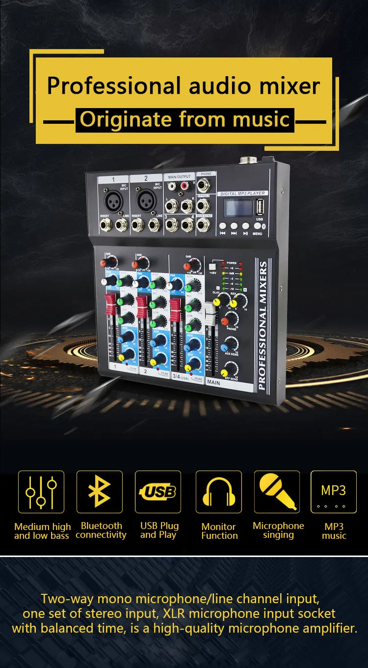2020 Newest Professional Mini 4 Channel USB Audio Mixer
