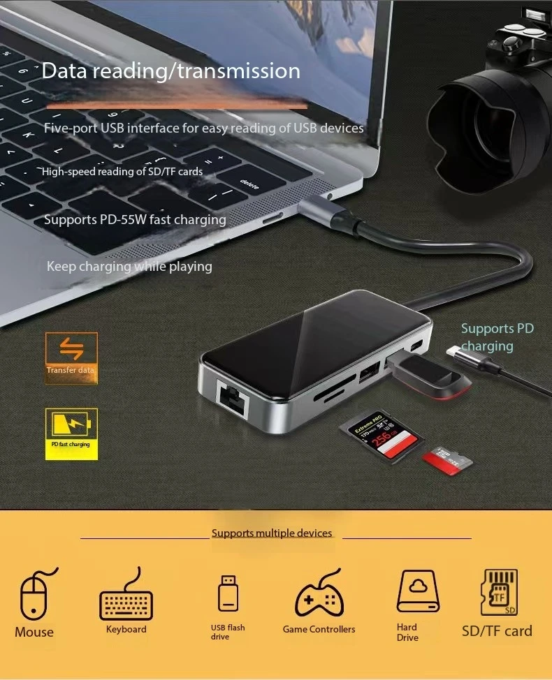 Jue Hong 10-in-1 USB-C Hub Typ-C to Rj45 USB3.0 Adapter with Card ...