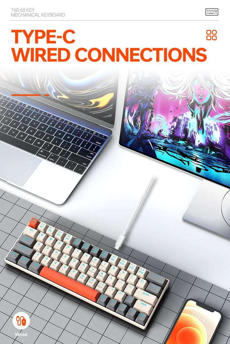 Gaming Mechanical Keyboard Wired Mini 63 Keys Qwerty Customized Color ...