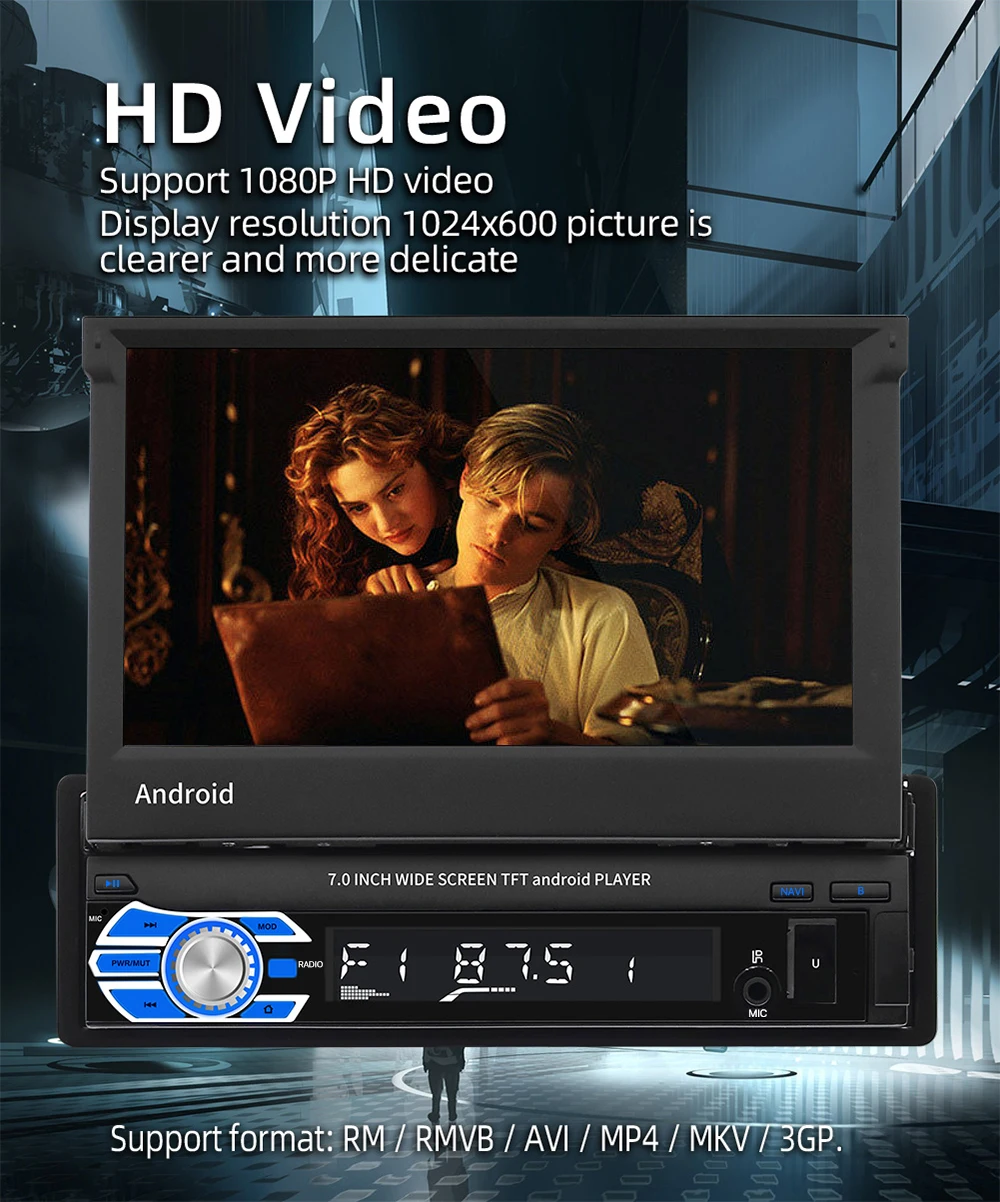 1 Din Android Car Radio - 7 Inch Retractable MP5 Player