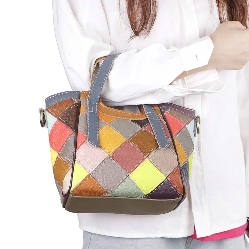 AndoBag Genuine Leather Top Handle Bags, Color Stitching Plaid ...