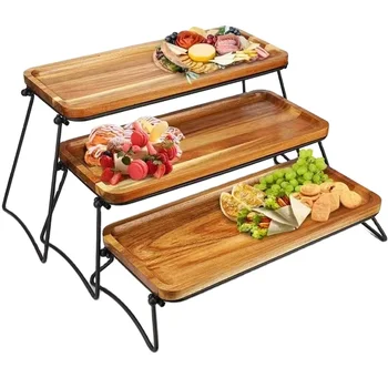 Foldable Steppted Wrought Iron Rack Acacia Wood Plate Dish Food Snack ...