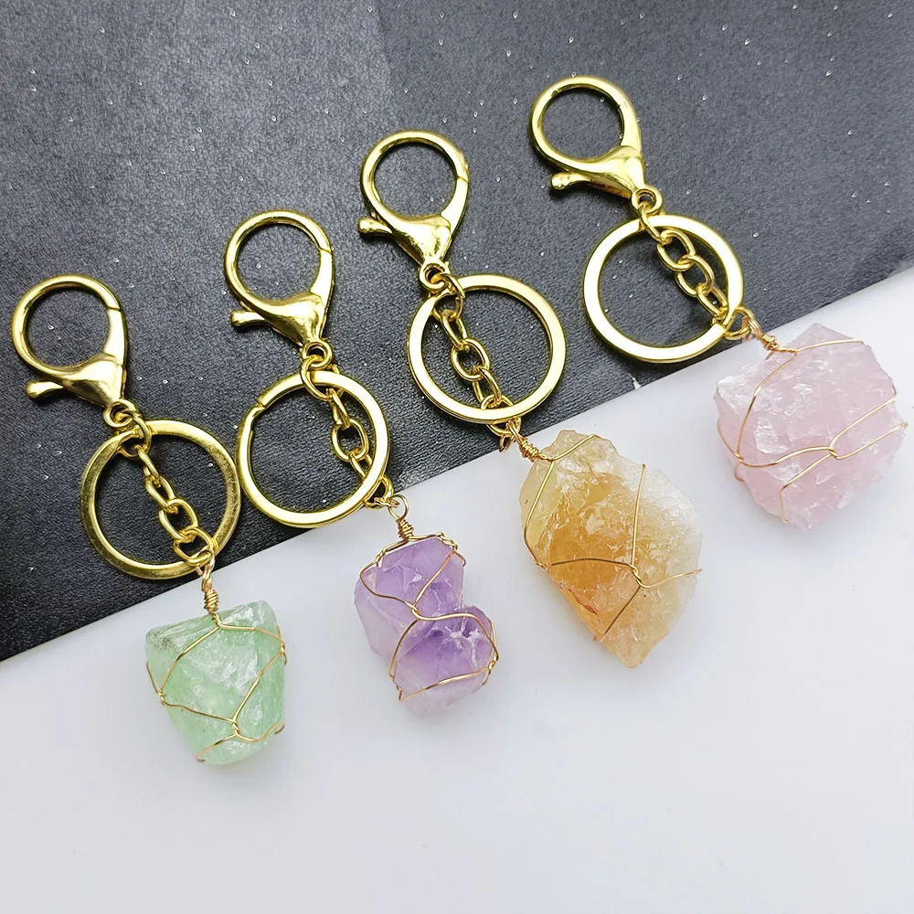 Handmade Gold Crystal Keychain - Natural Raw Stone Keychain