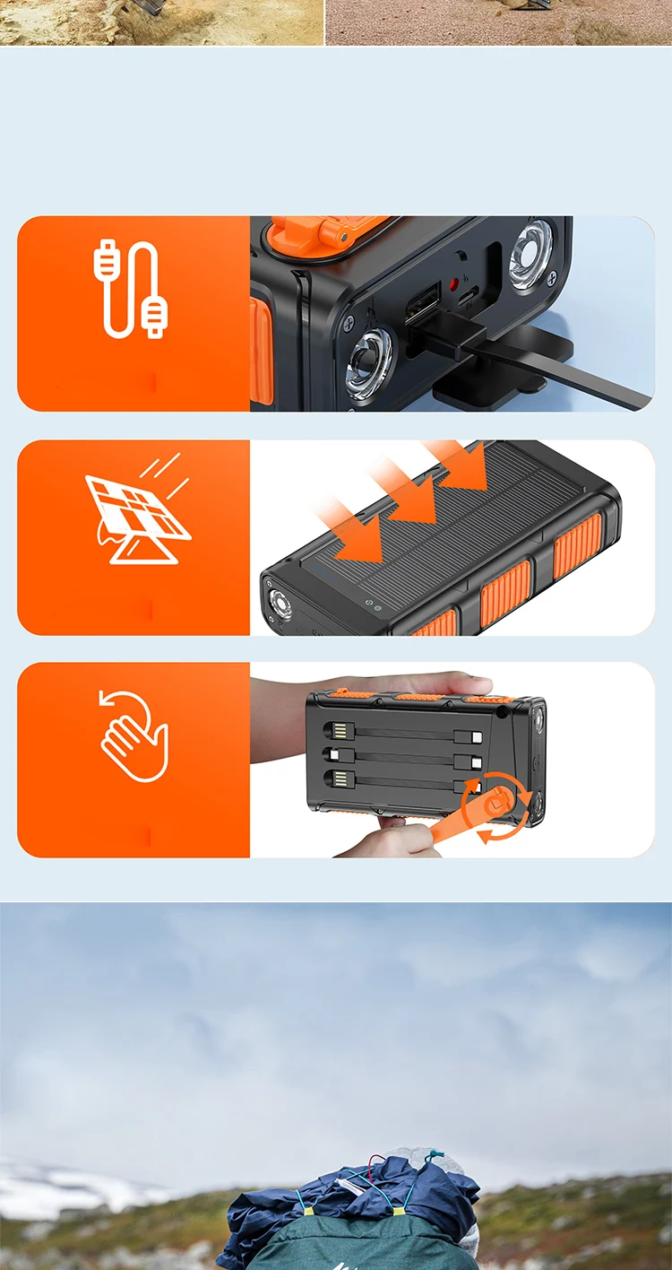 3 In 1 Built In Cable Powerbank Solar Hand Crank Power Bank Hand-crank ...