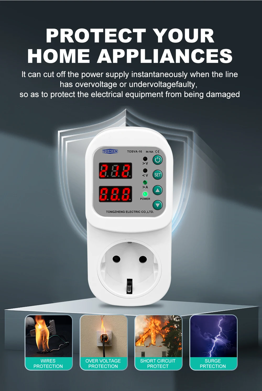 TOMZN Automatic Voltage Current Protector Socket AC 110V 220V