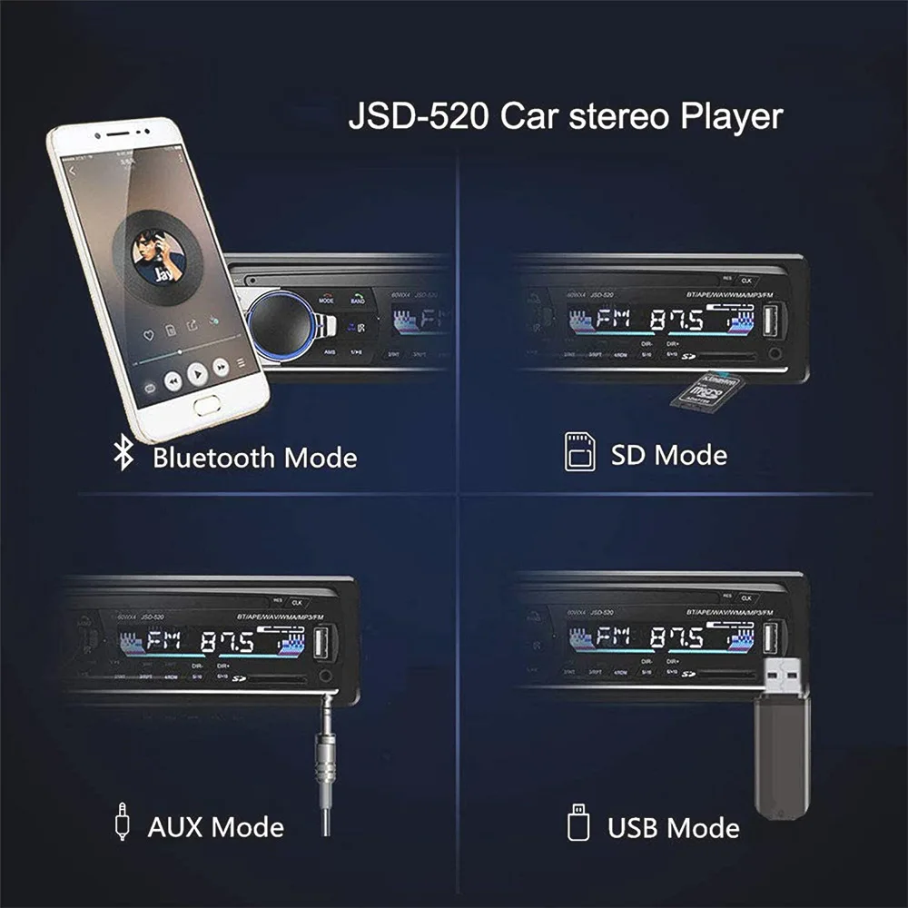 1Din SD MP3 플레이어 JSD-520 자동차 스테레오 라디오 FM Aux 입력 수신기 USB BT 오디오| Alibaba.com