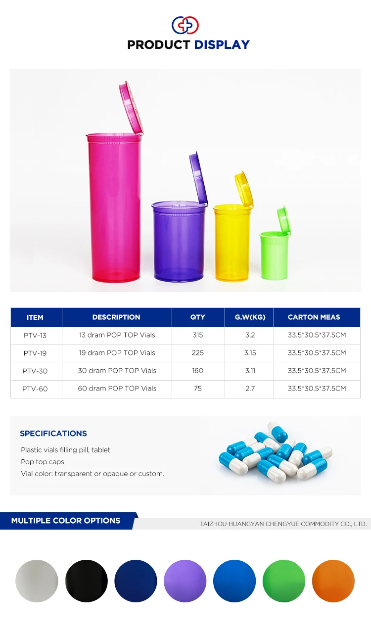 60 Dram Pop Top Medical Vial Plastic Small Pill Bottles Squeeze Side ...