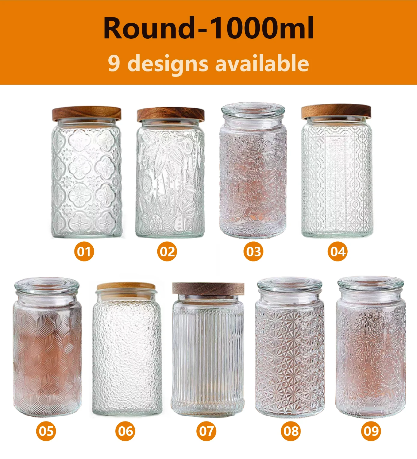 Embossed Pattern Food Storage Glass Jars - Durable & Decorative