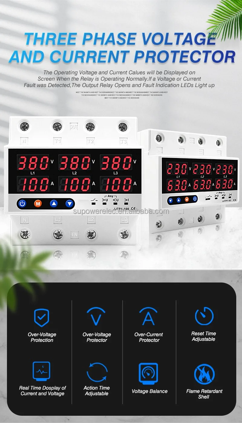 3 Phase Adjustable Voltage Current Protector - 63A 380V