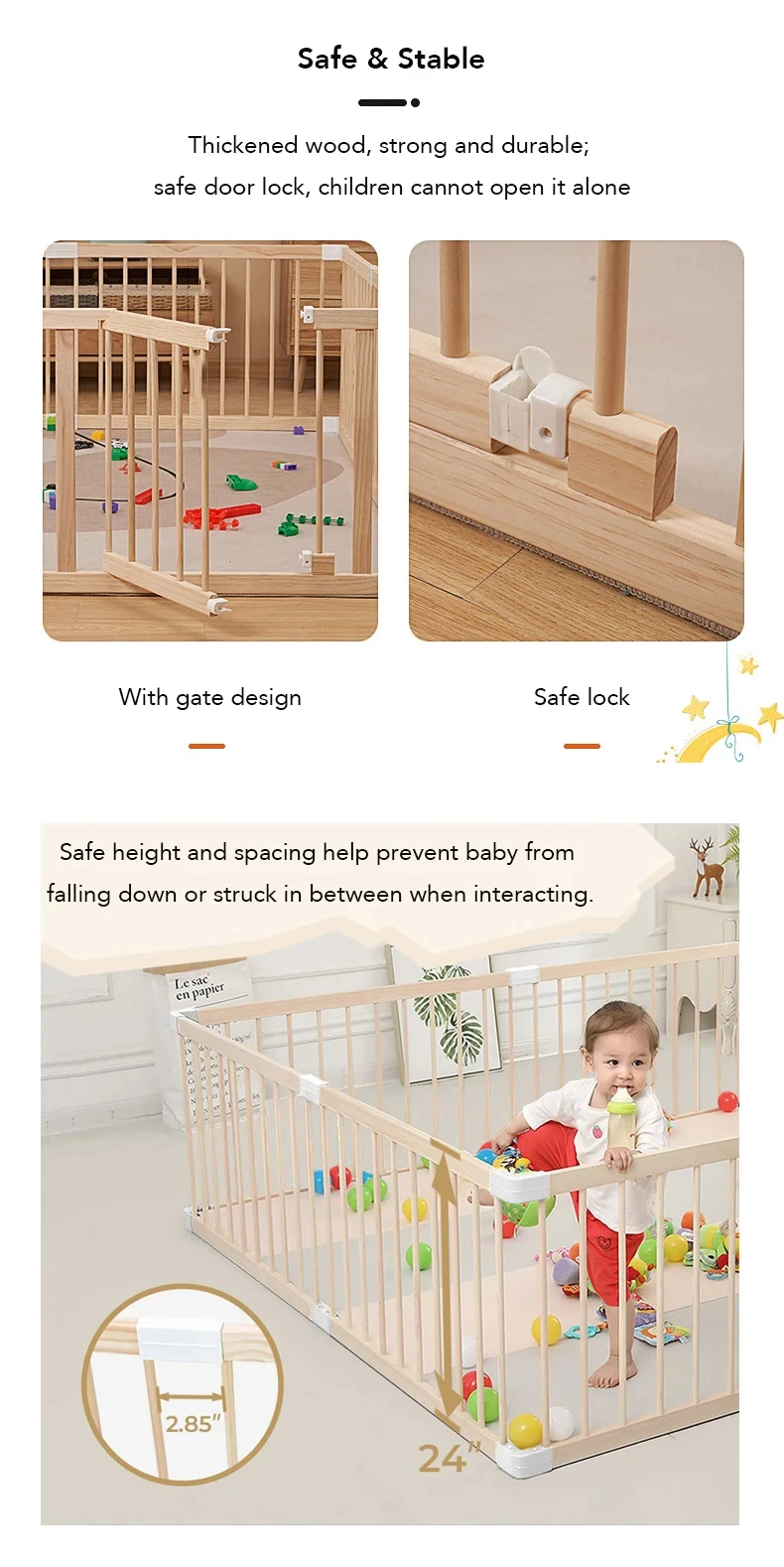 Solid Wood Foldable Baby Play Yard Fence Playpens With Adjustable Gate ...