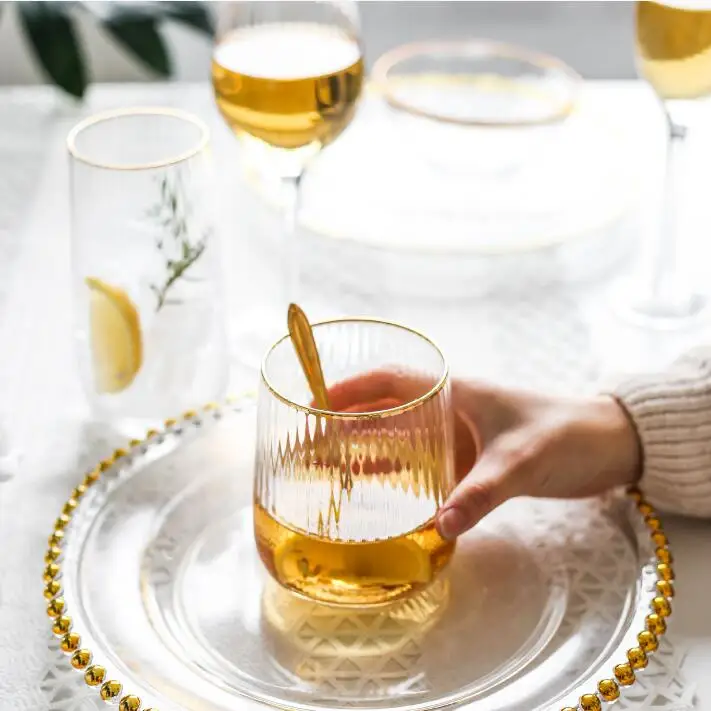 Simple Texture Clear Glass Wine Goblet/Champagne/Highball/Dof with Gold ...