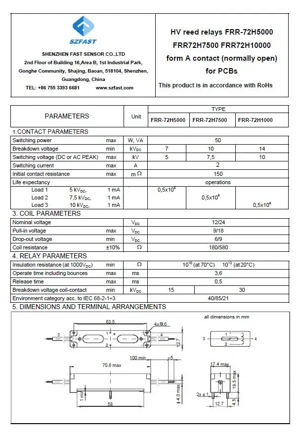 High Voltage 5KV to 12KV Reed Relays for Auto Control System Industrial ...