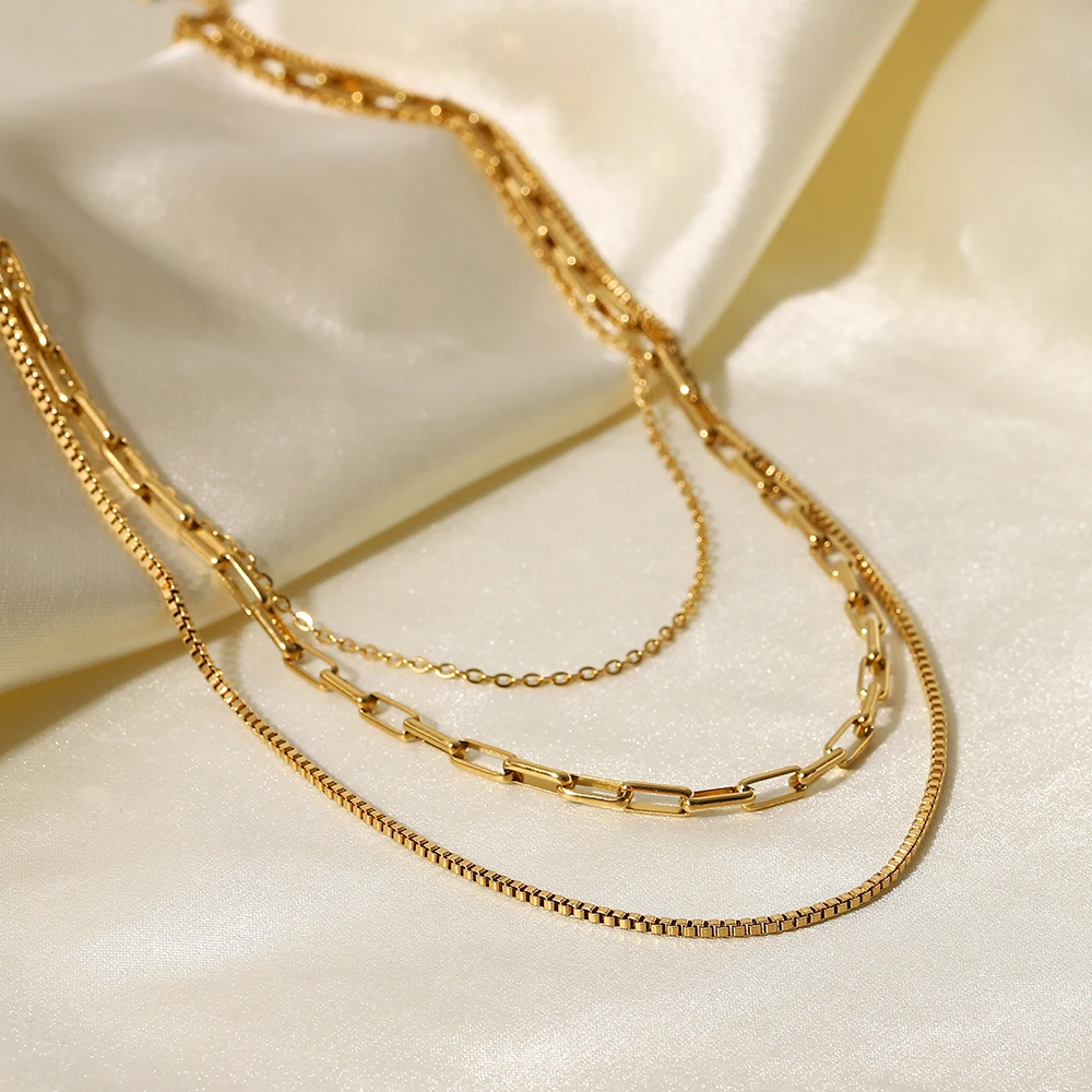 Vintage 18K Gold Plated Paperclip Box Chain Layered Necklace