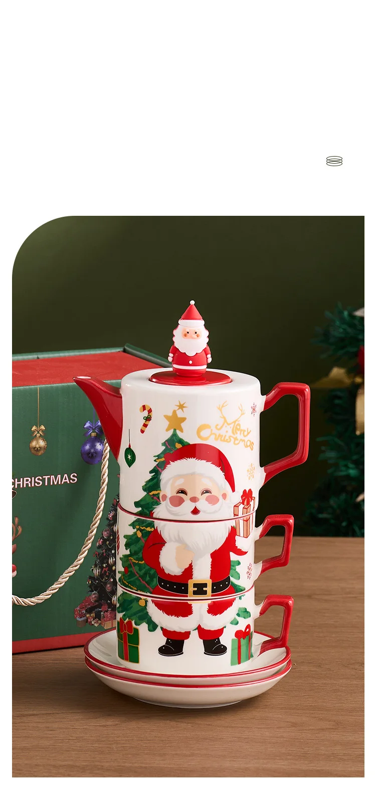 Gold Plated Porcelain Christmas Teapot Set - One Pot Two Cups